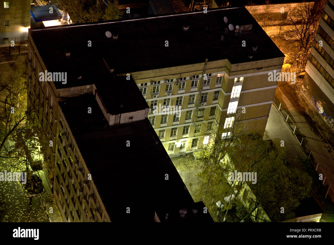 October 2009, Moscow, Russia - aerial night view of typical Soviet-era ...
