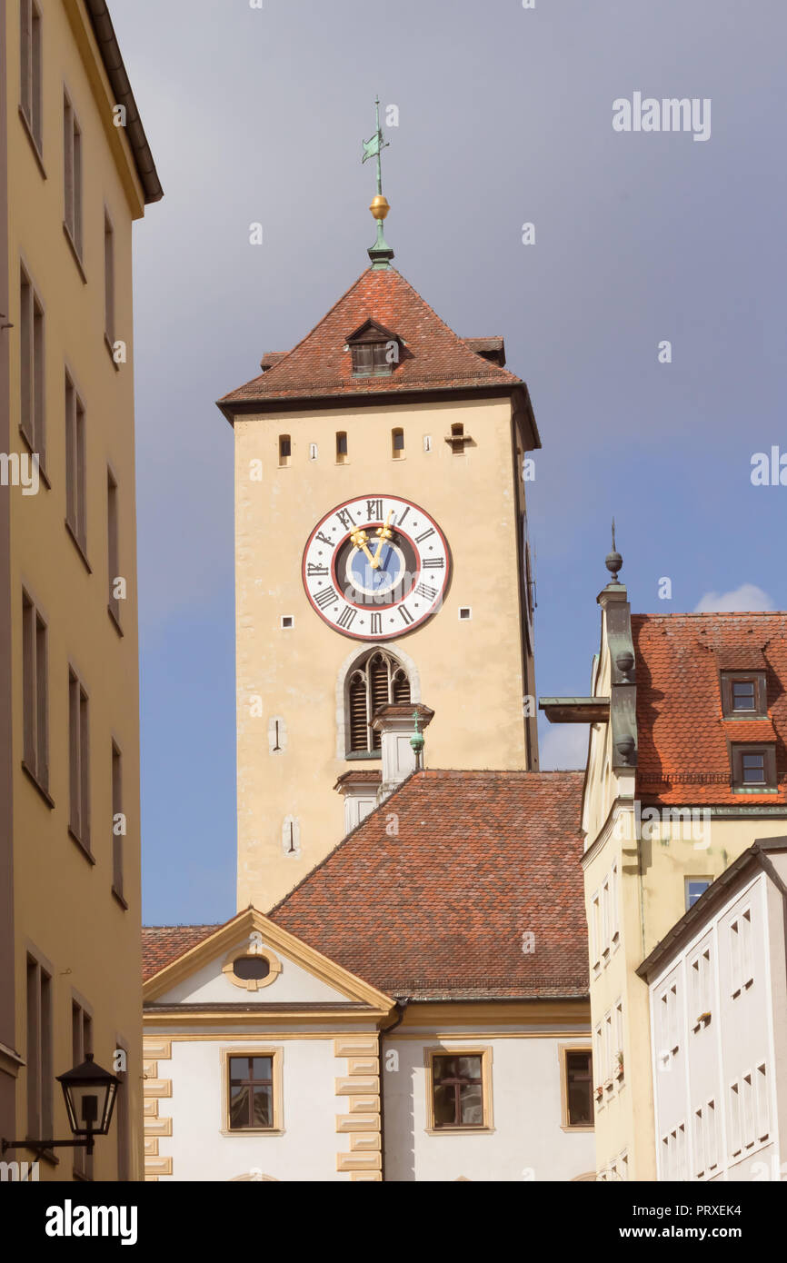 REGENSBURG, GERMANY - April 2, 2018 - View to the street and the old ...