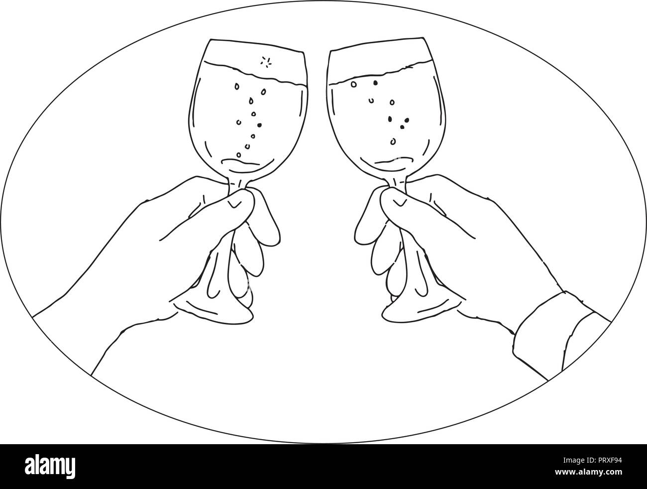 Drawing sketch style illustration of two hands with wine glass toasting ...