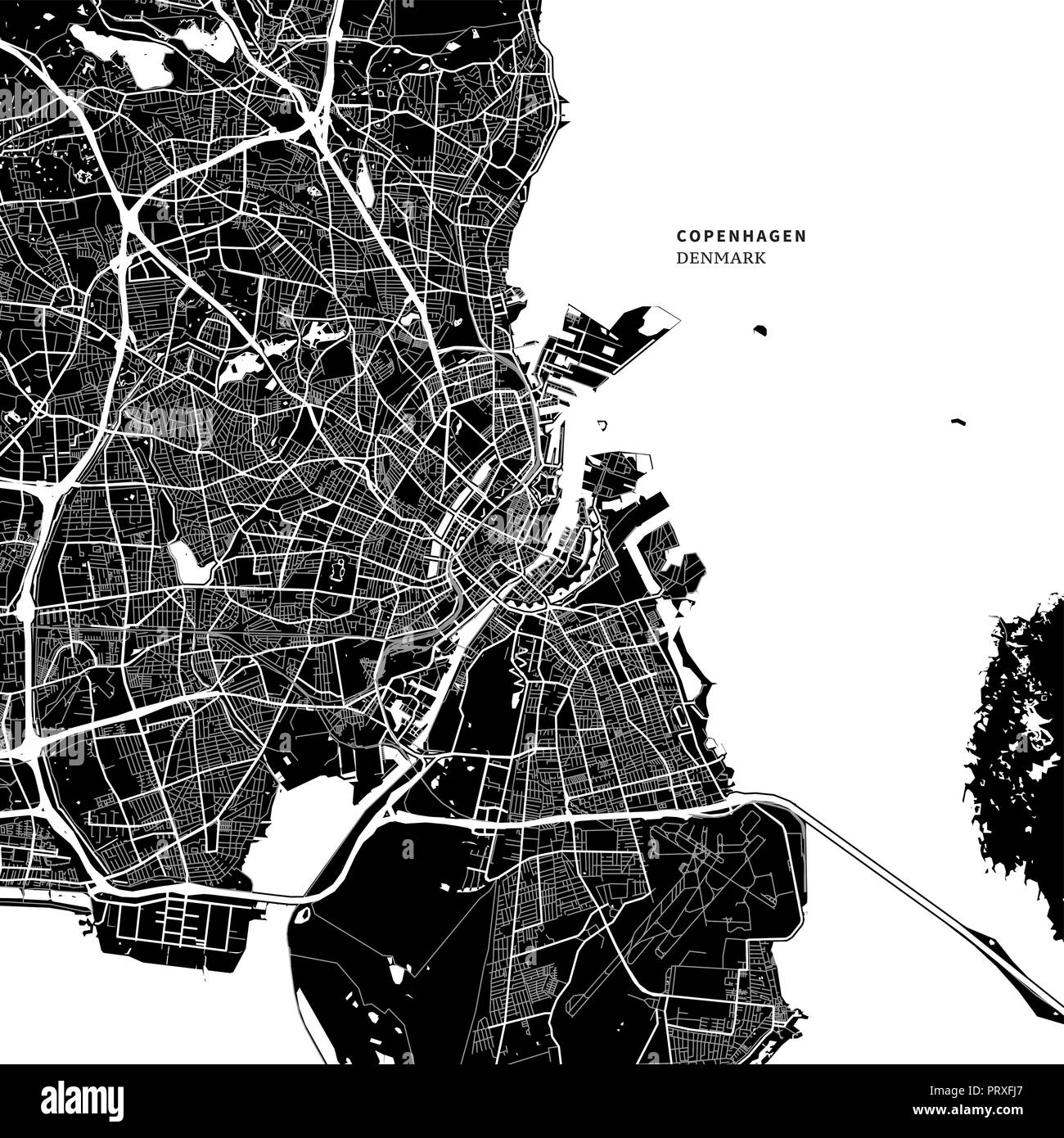 Area map of Copenhagen, Denmark with typical urban landmarks like buildings, roads, waterways ...