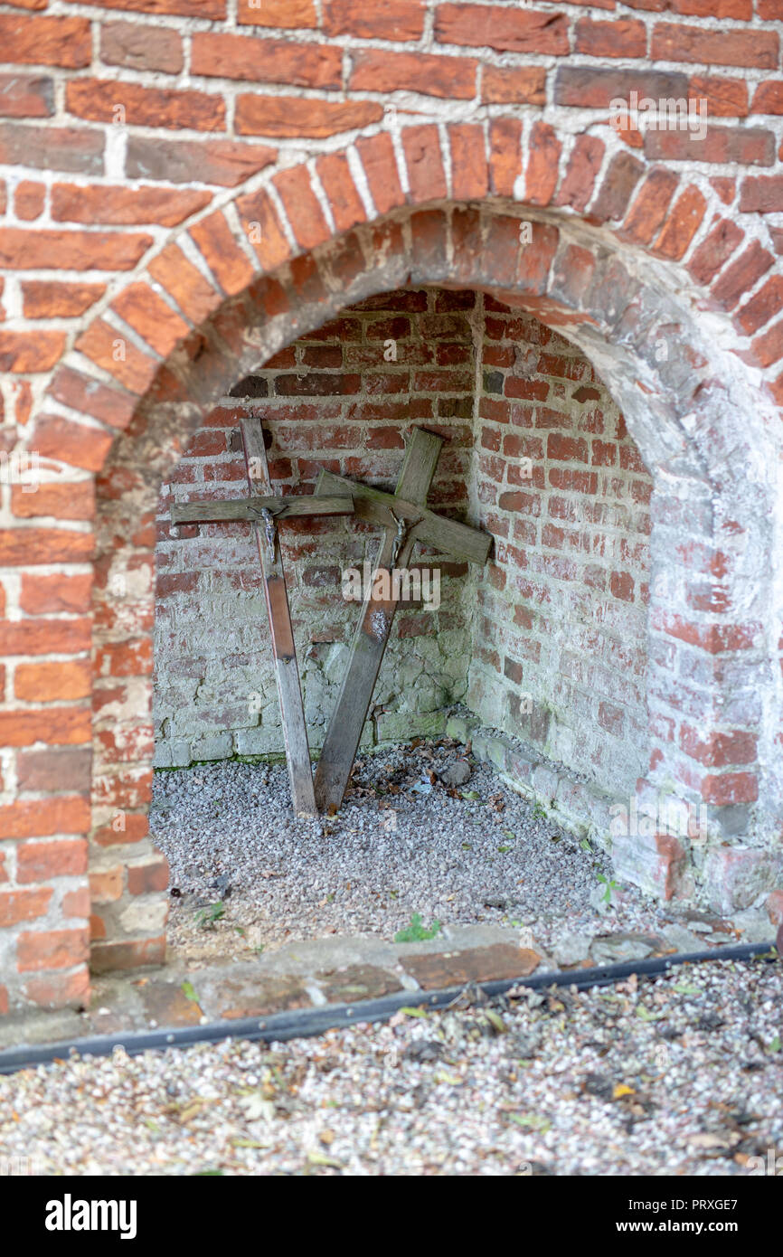 Holy crosses in the interior of the old church building. Catalan ...
