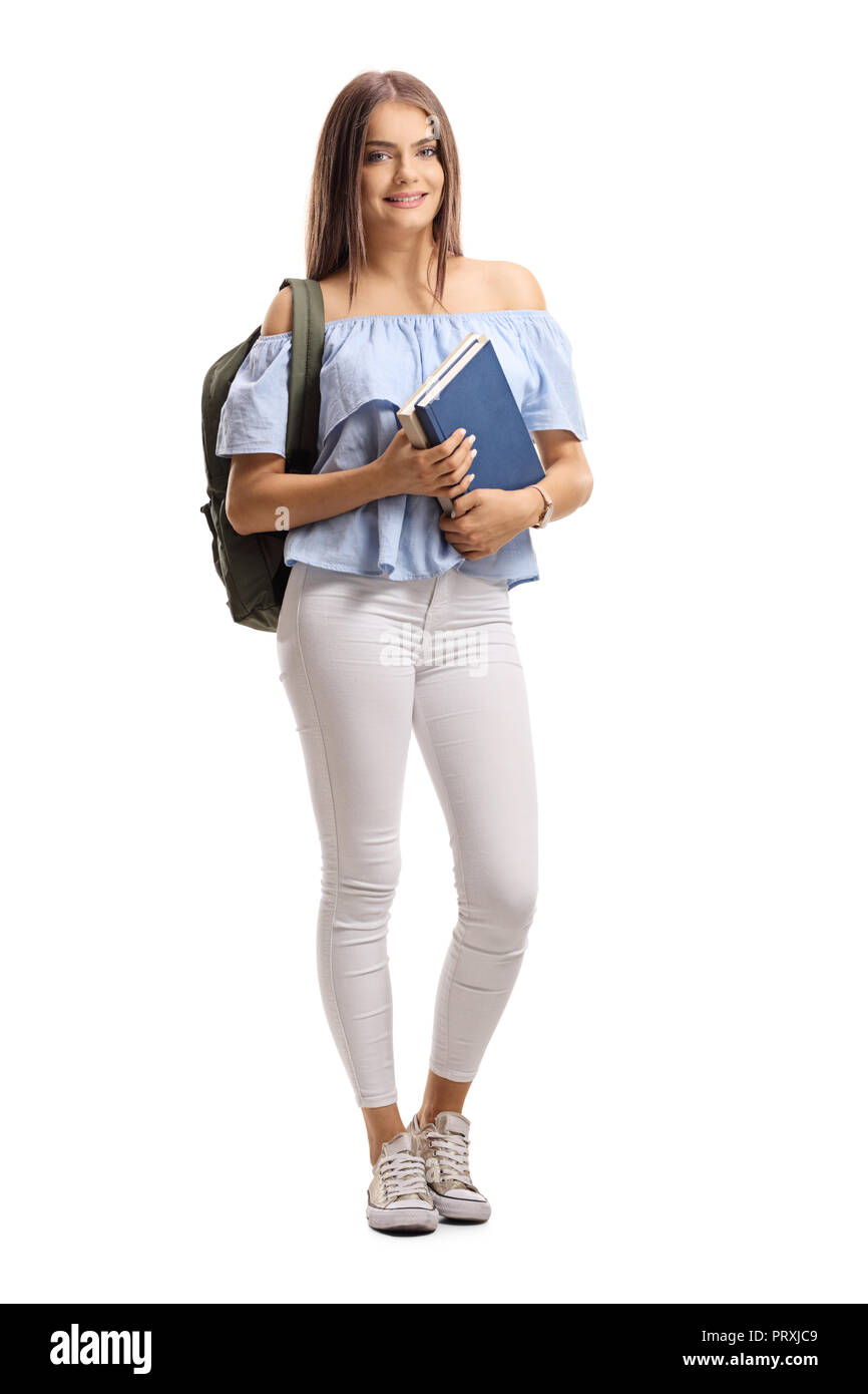 Full length portrait of a female student with a backpack and books ...