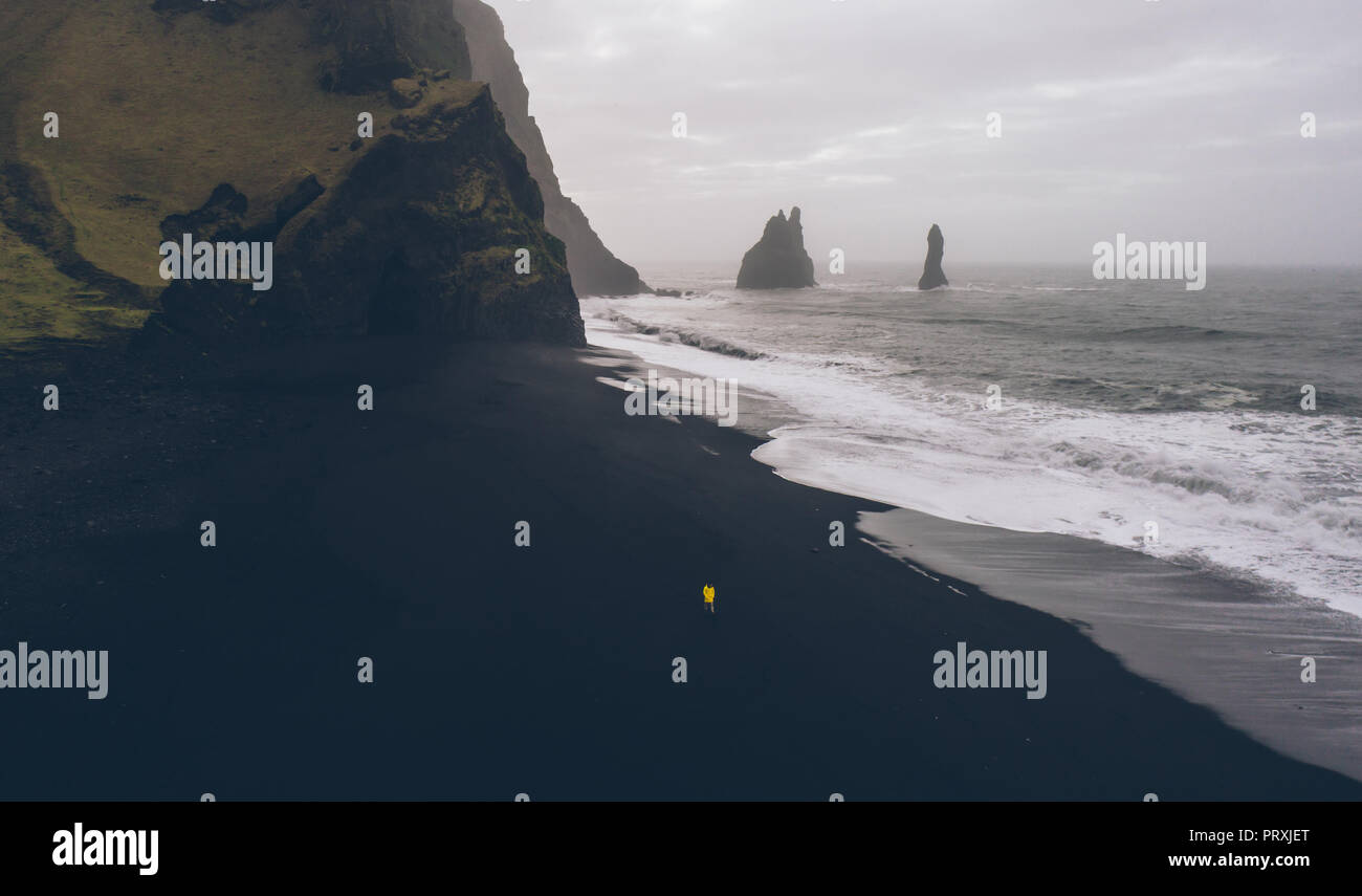 Black sand beach, and basaltic rocks in the ocean in Iceland Stock ...