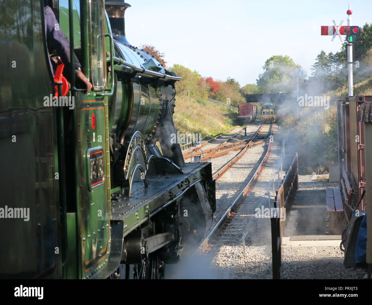 Cloe-up of a locomotive in fine green livery on the Gloucestershire ...