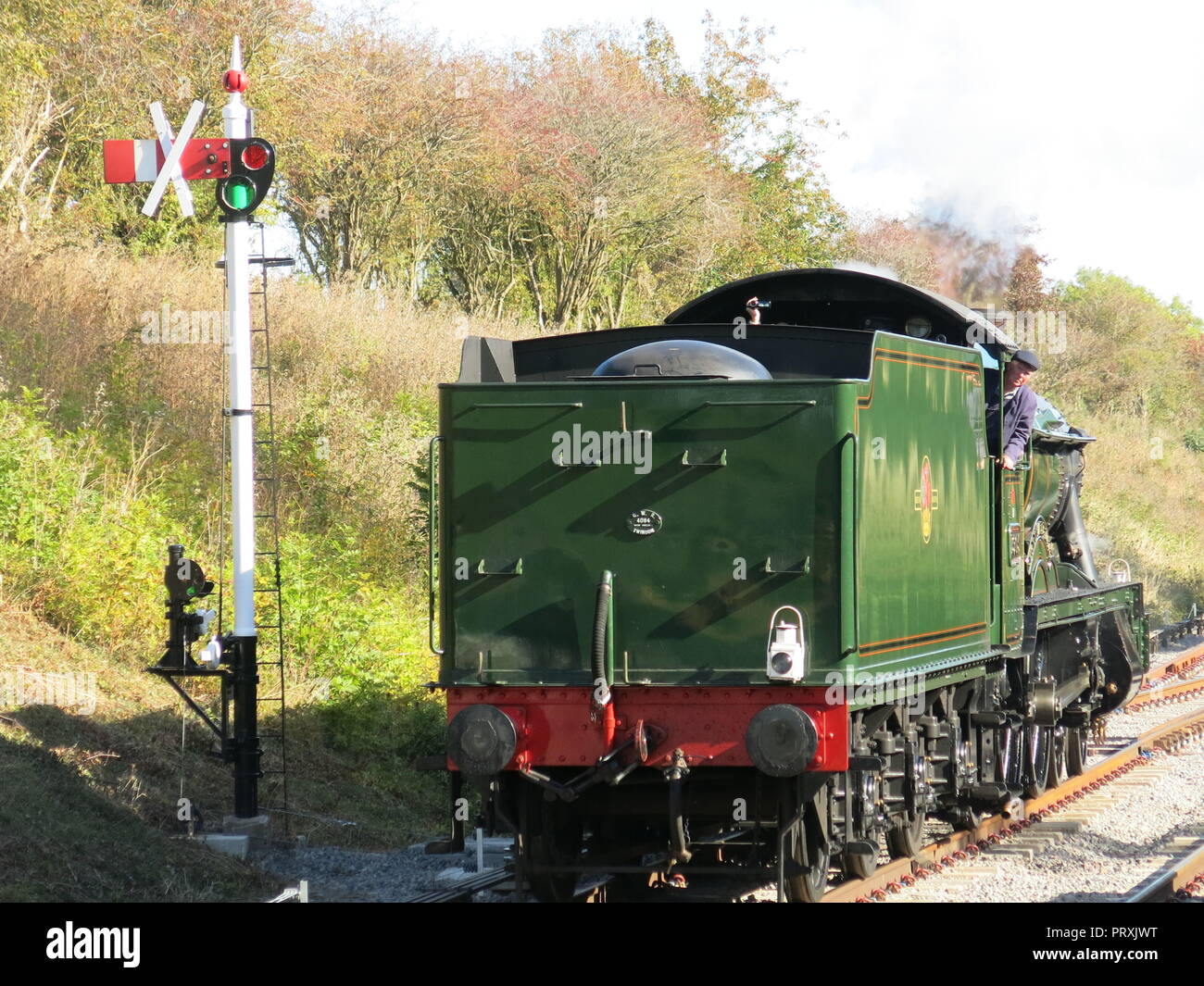 Cloe-up of a locomotive in fine green livery on the Gloucestershire ...