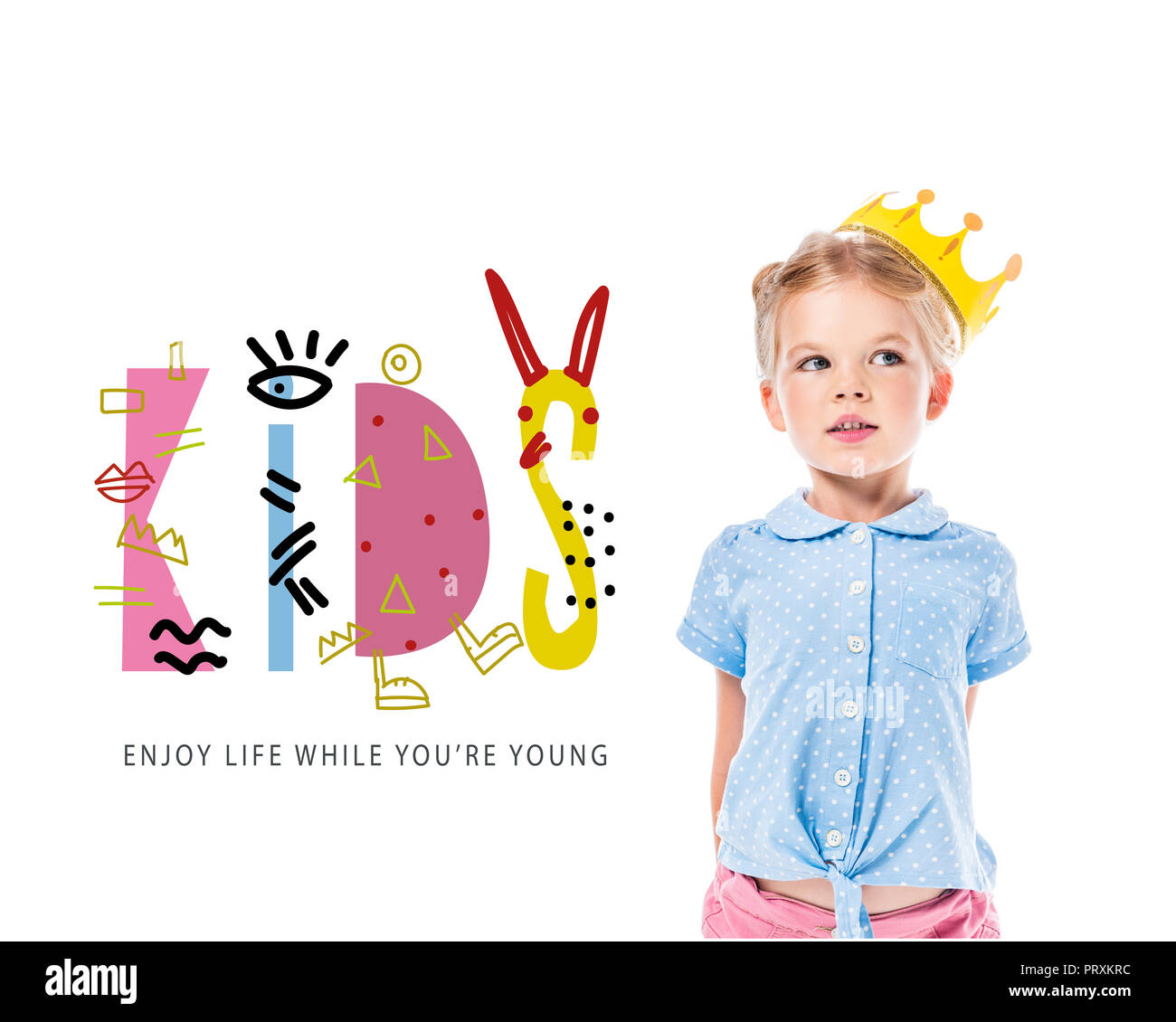 adorable pensive kid in yellow crown, isolated on white with "kids ...