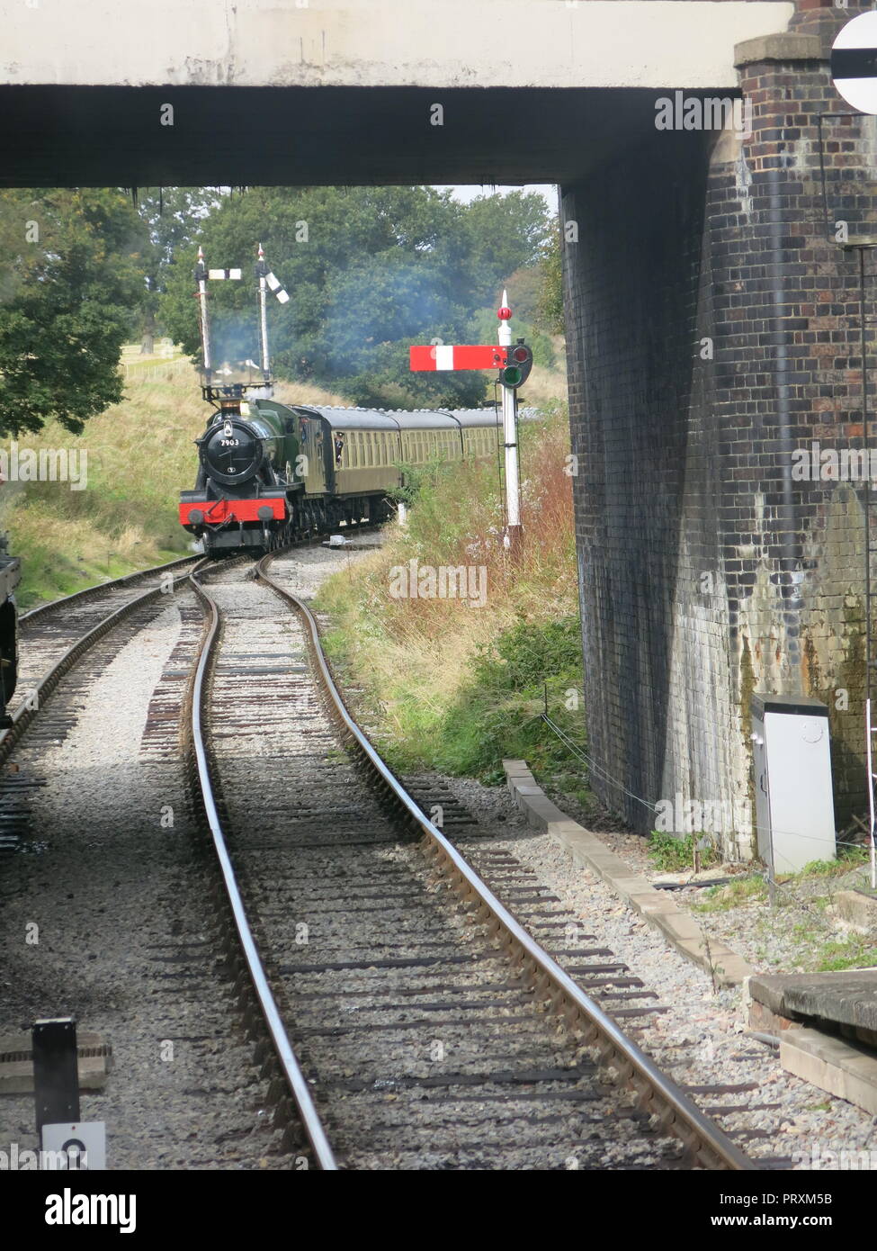A view of loco 7903, Foremarke Hall, coming down the track on the ...
