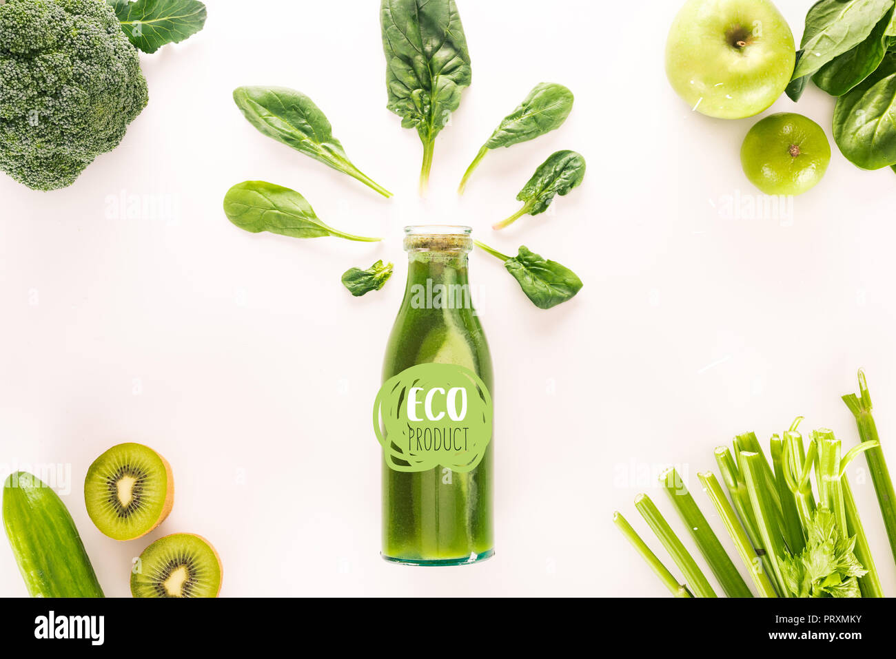 flat lay with detox drink and various organic food isolated on white ...
