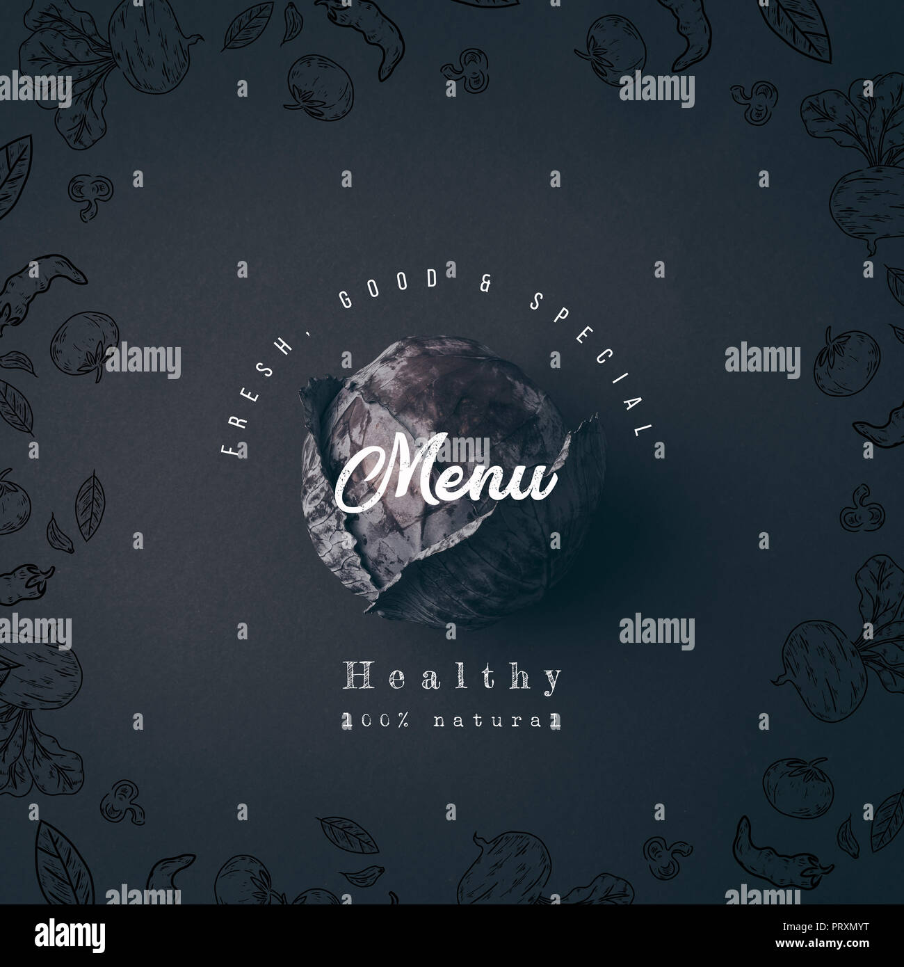 top view of red cabbage on gray table with "healthy menu" lettering ...