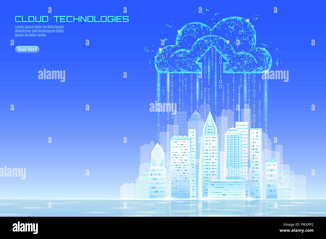 Smart city 3D light cloud computing cityscape. Intelligent building big ...
