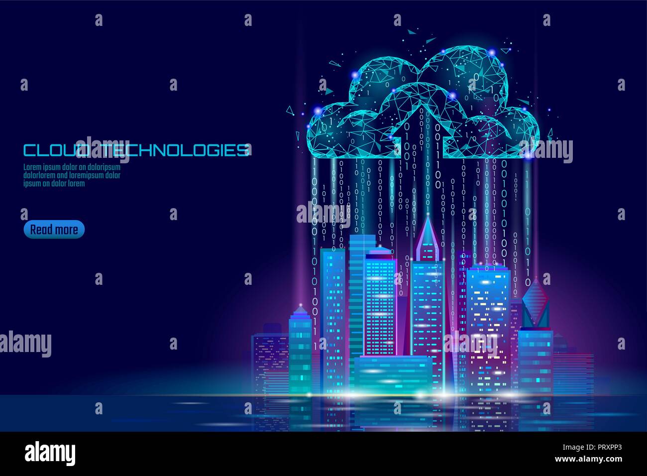 Smart city 3D light cloud computing cityscape. Intelligent building big ...