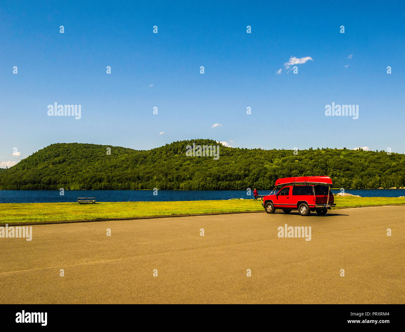 Red Car and Canoe Hogback Dam Hartland, Connecticut, USA Stock Photo ...