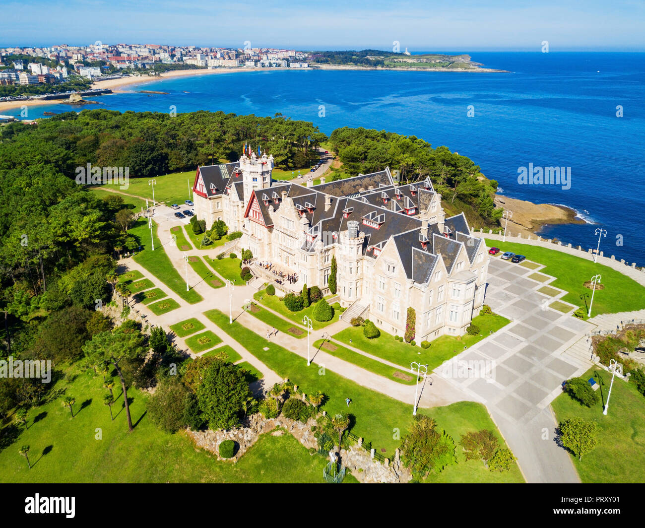 Magdalena Palace or Palacio de la Magdalena aerial panoramic view. It ...
