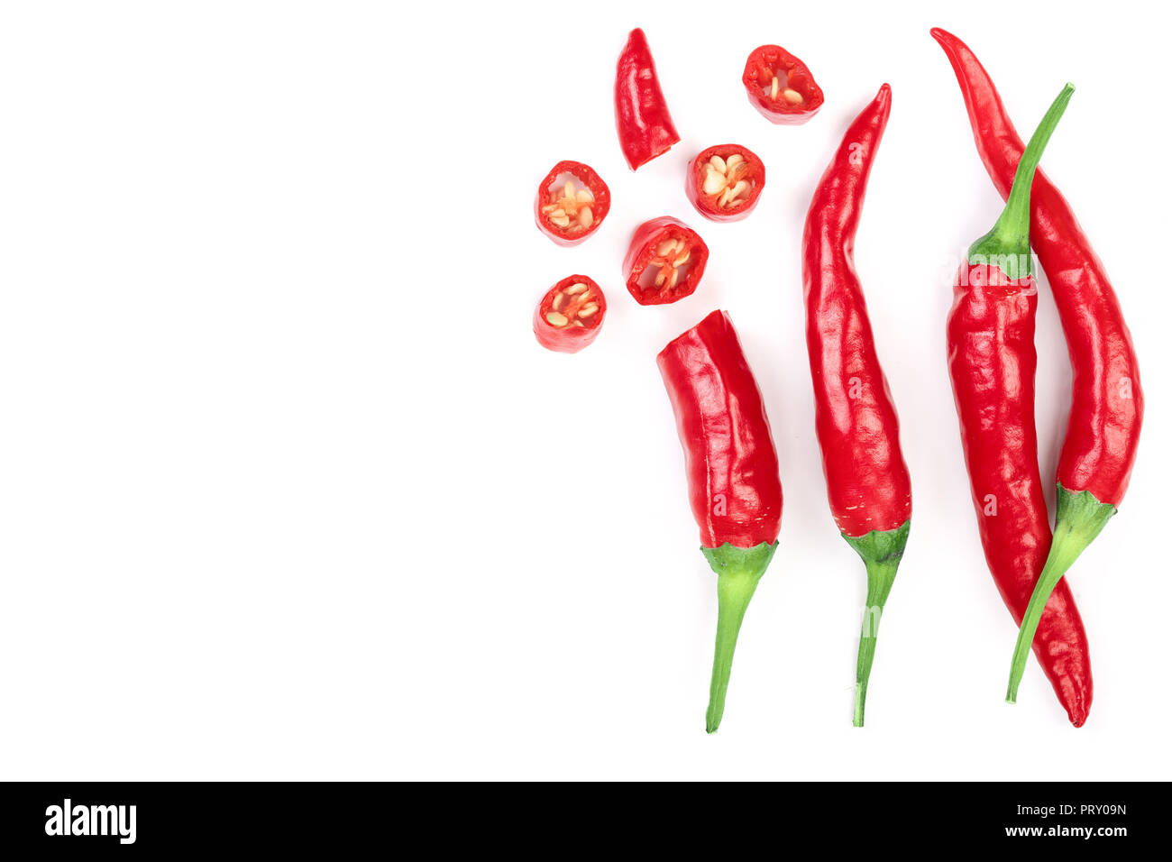 red hot chili peppers isolated on white background. Top view. Flat lay ...