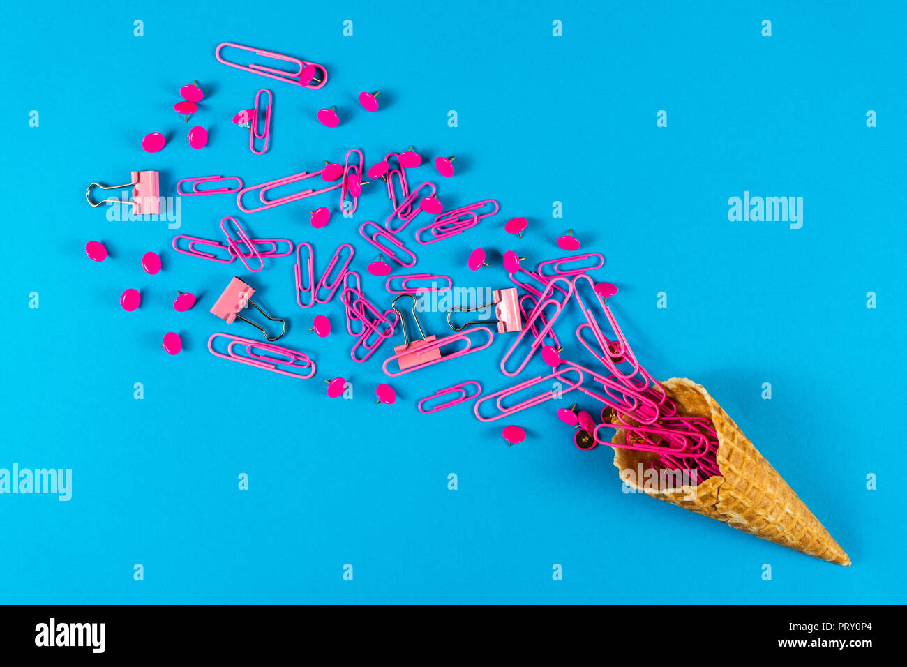 Creative summer layout made of ice cream cones, waffle cones , pink ...