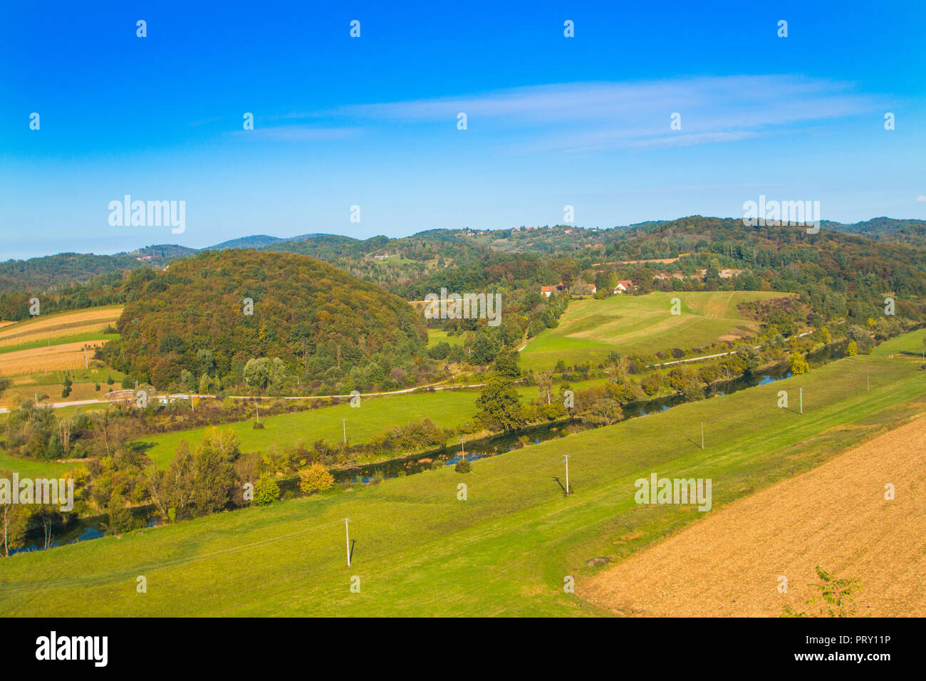 Croatian countryside landscape, panoramic view of river Dobra in ...