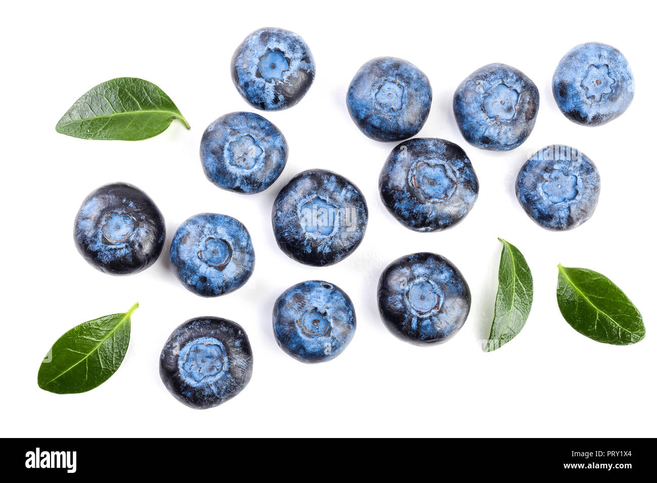 fresh ripe blueberry with leaf isolated on white background. Top view ...