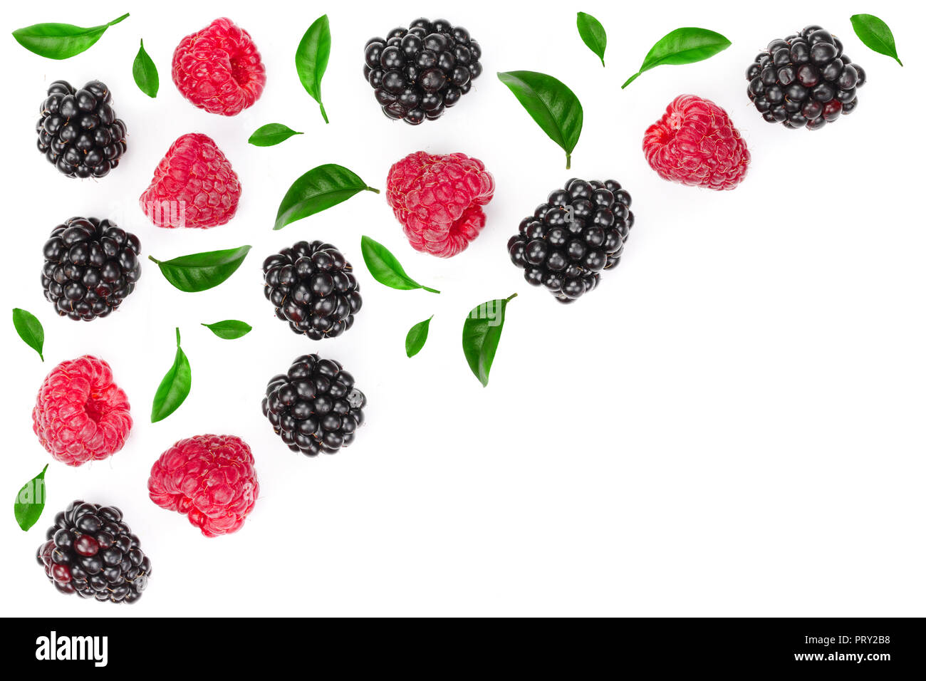 blackberry and raspberry with leaves isolated on white background with ...