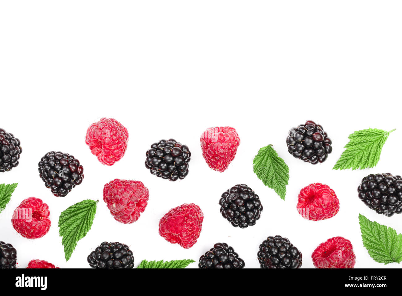 blackberry and raspberry with leaves isolated on white background with ...
