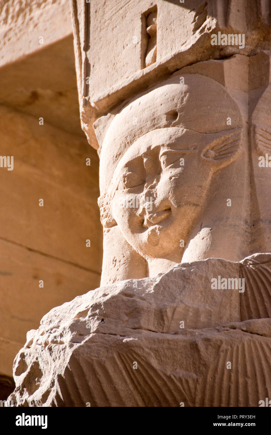 The face of the Egyptian cattle goddess Hathor, depicted with cow ears ...