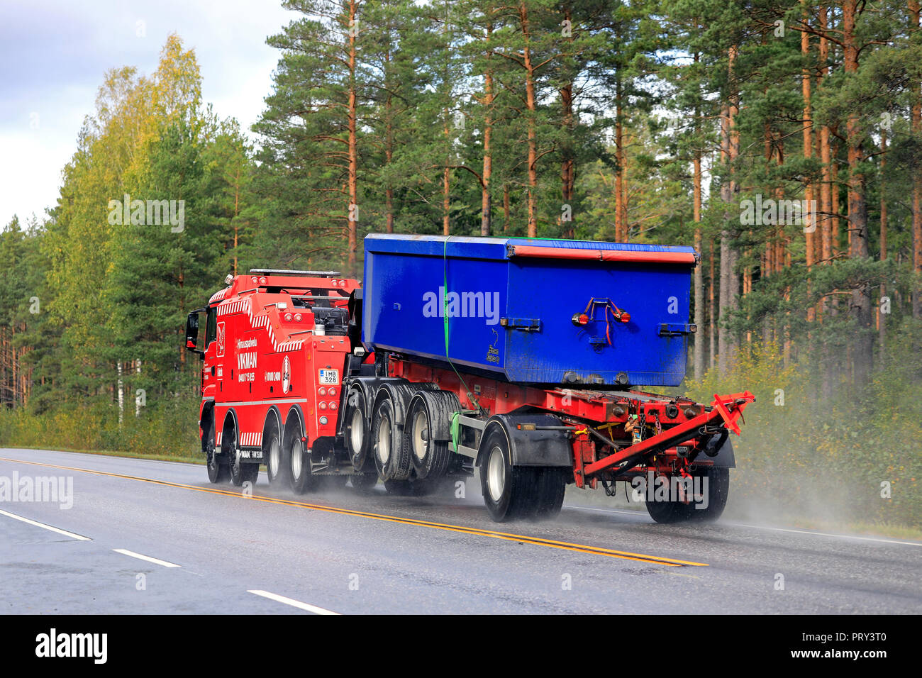 Salo, Finland. September 28, 2018: Gravel transport trailer being towed ...