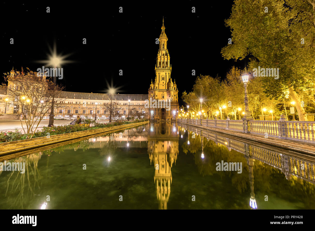 Spain Square (Plaza de Espana) at night, Seville, Spain, built on 1928 ...