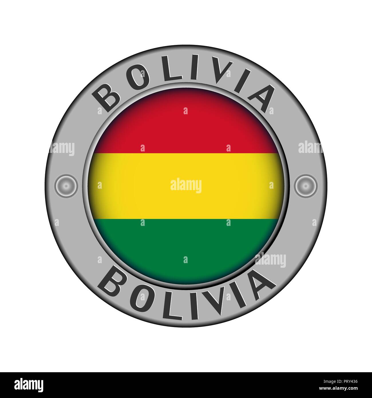 Round metal medallion with the name of the country of Bolivia and a ...