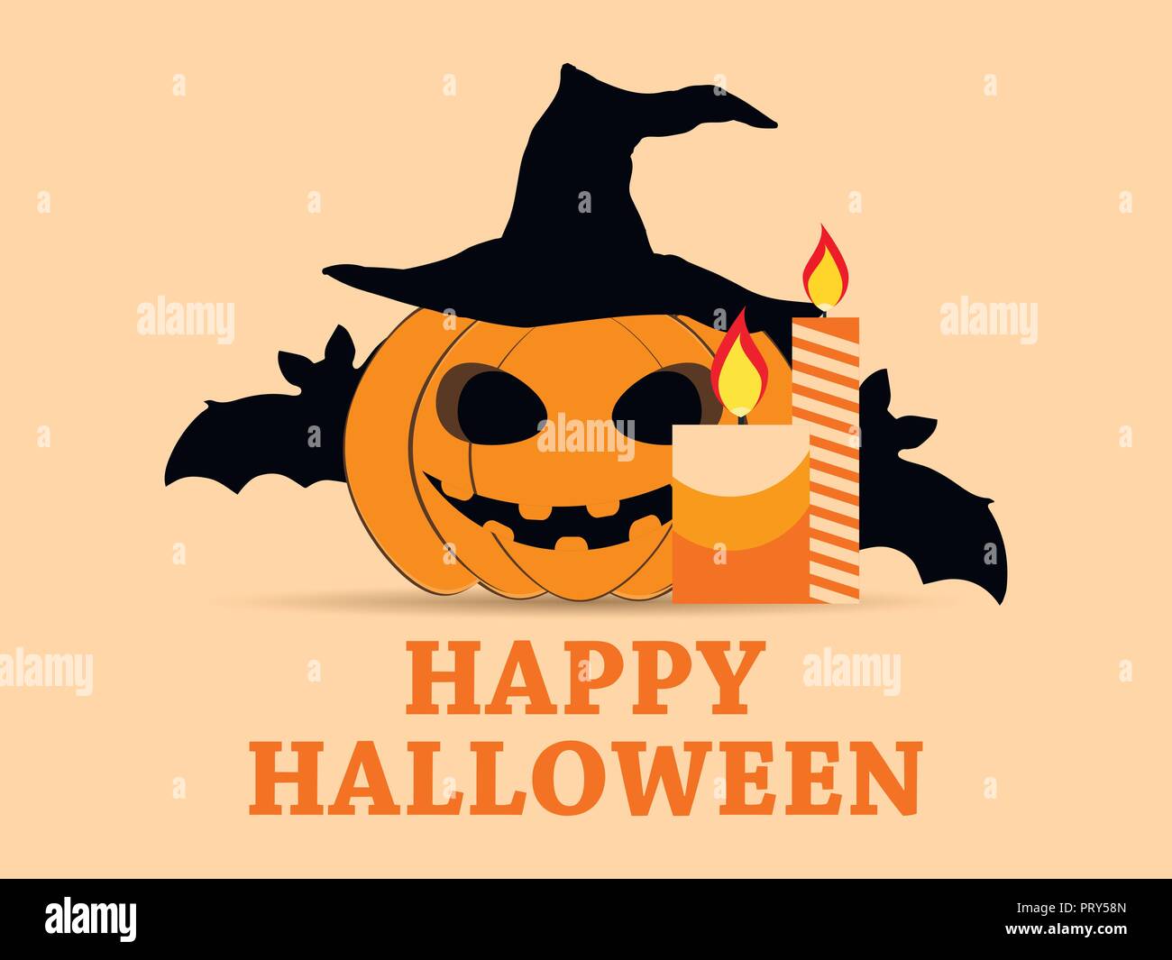Happy Halloween October 31st. Holiday greeting card with pumpkin, bats ...