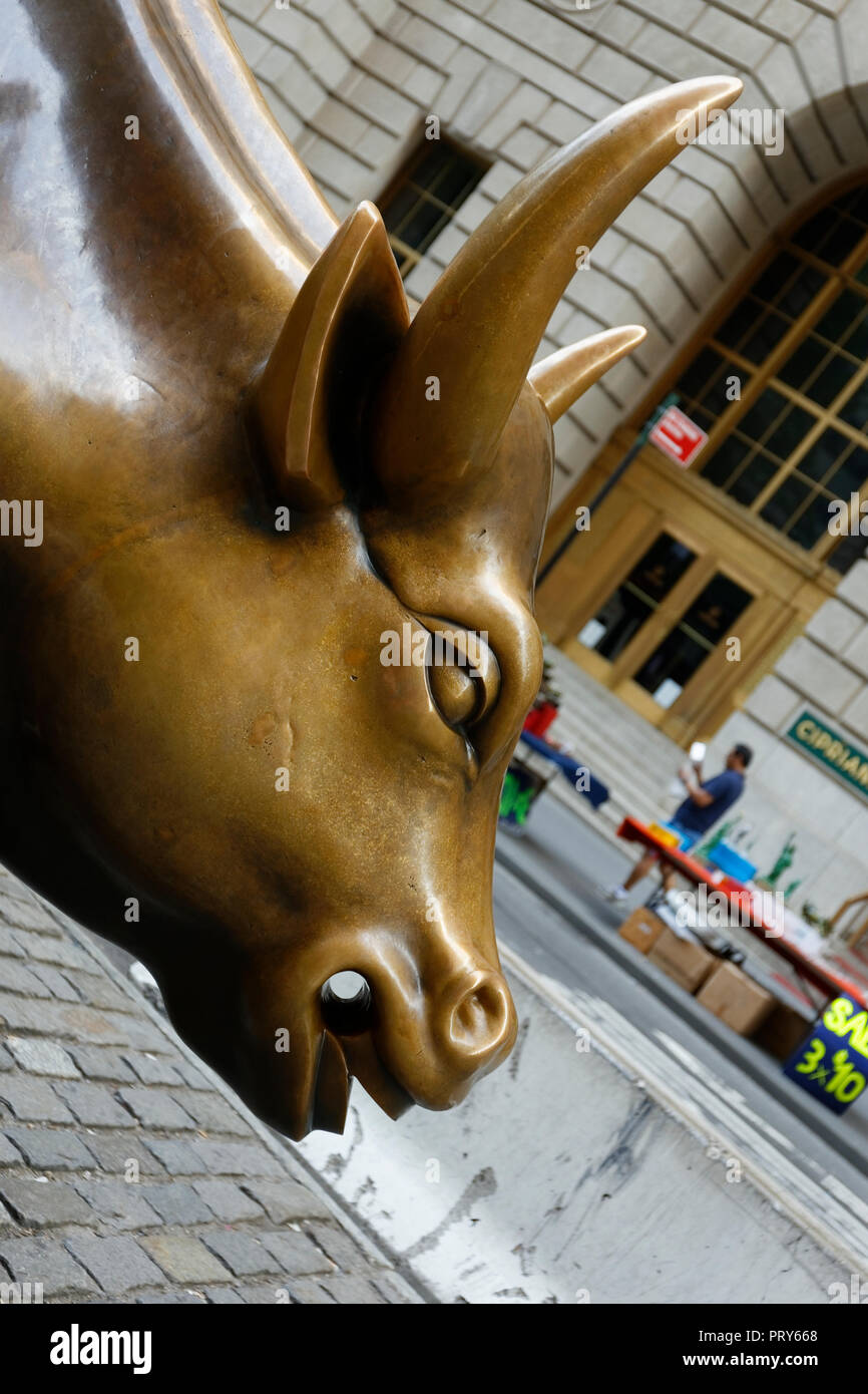 New York,USA: May 25, 2018:Charging bull sculpture at New York, USA ...