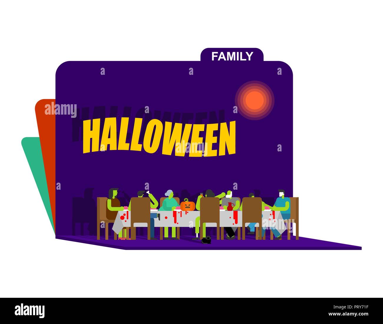 Zombie Family dinner Paper art carving. Big table. Halloween relatives ...