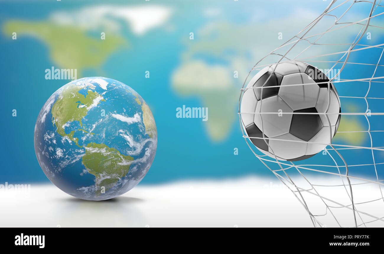 world planet earth globe with soccer ball soccer goal 3d-illustration ...