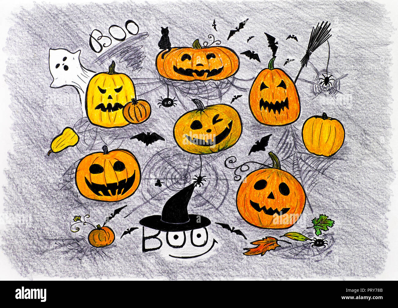 Halloween concept. Hand drawing by colored pencils and marker Stock ...