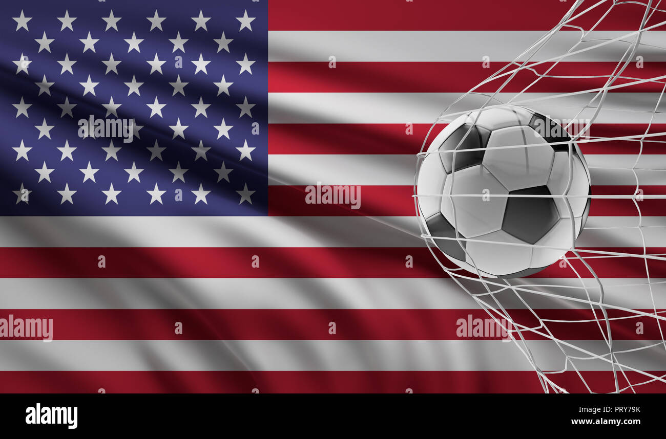 soccer ball soccer goal and flag of America 3d-illustration Stock Photo ...