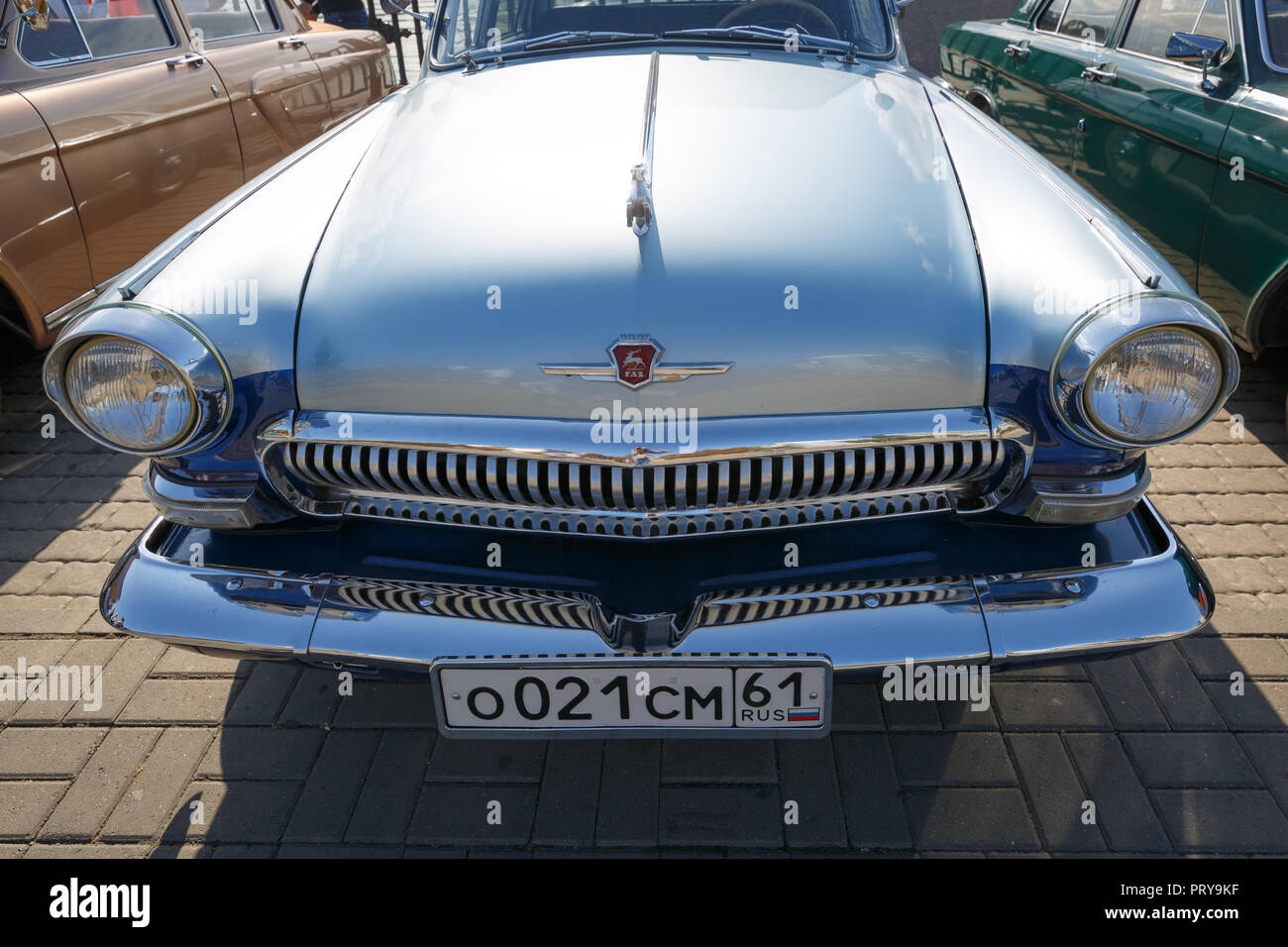 RUSSIA, ROSTOV-ON-DON, 07 OCTOBER 2017: Beautiful blue car GAZ-21 Volga ...