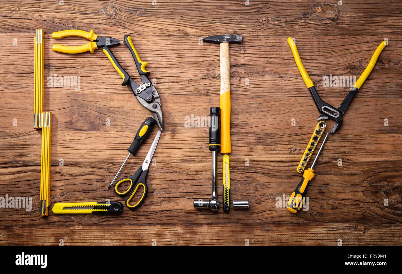 DIY Word Made Up Of Different Worktools On Wooden Surface Stock Photo ...