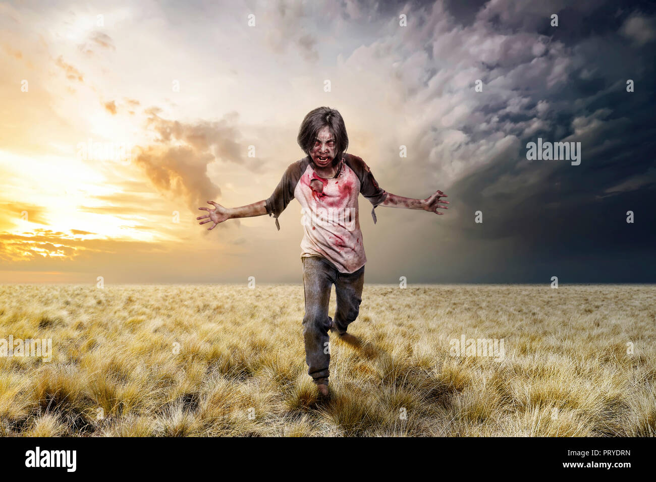 Scary zombie man with bloody clothes standing on the dry land Stock ...
