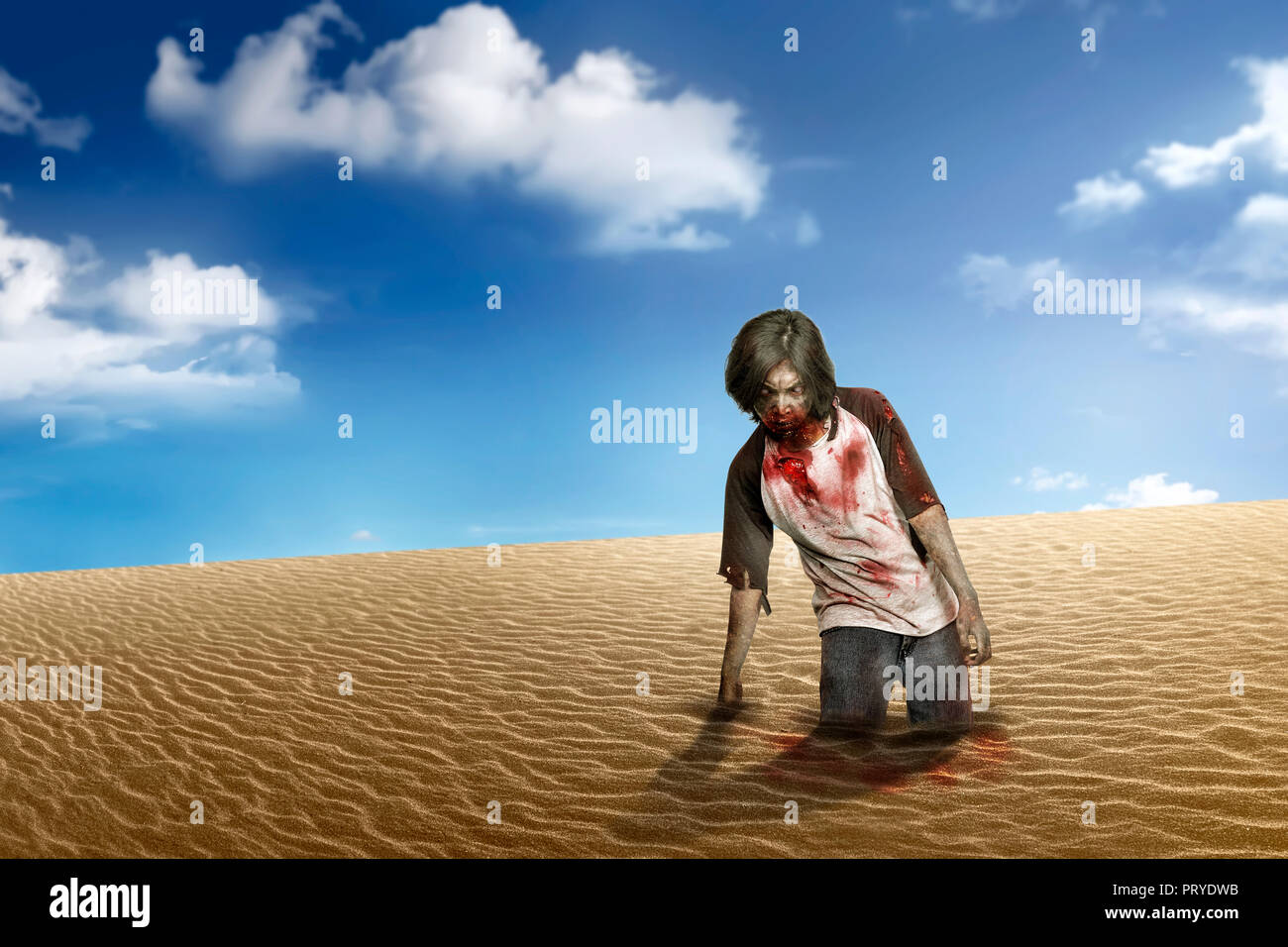 Dirty zombie man with bloody mouth on desert Stock Photo - Alamy