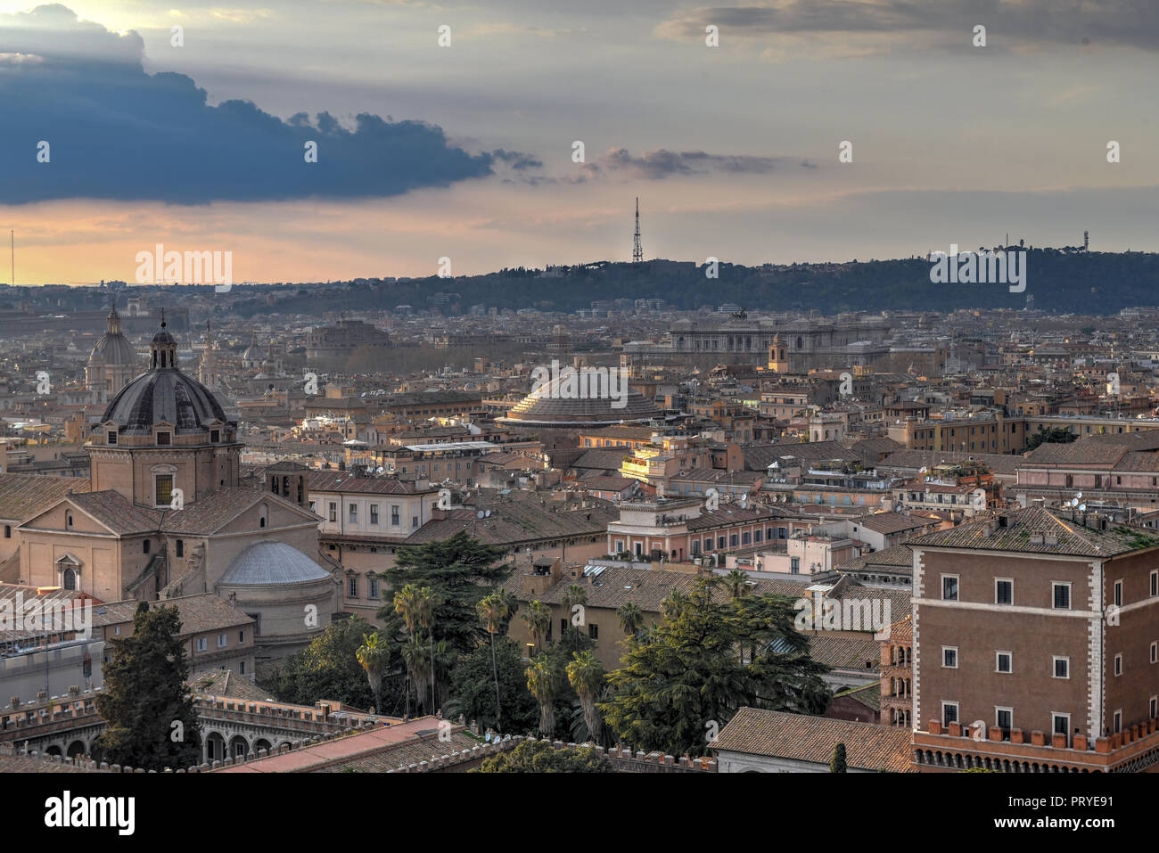 Aerial view of the skyline of the Pantheon in Rome, Italy as sunset ...