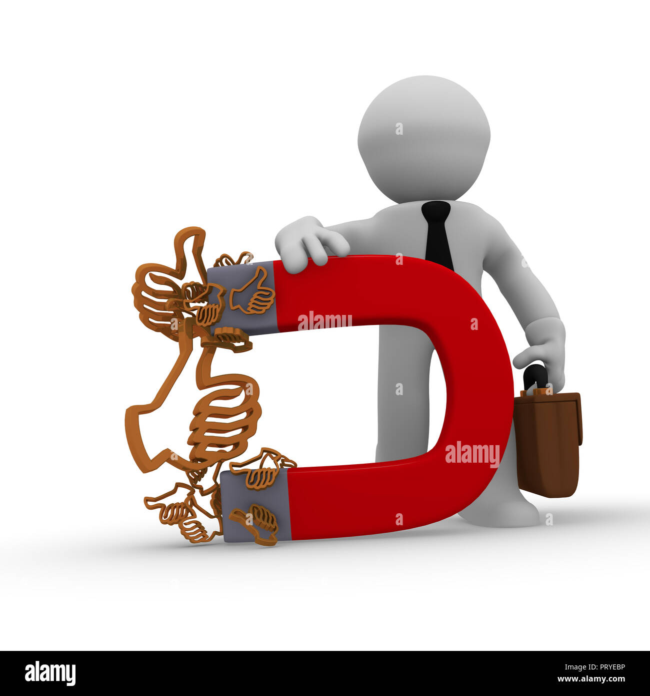 Small businessman with a big magnet and golden thumb up icons, 3d ...