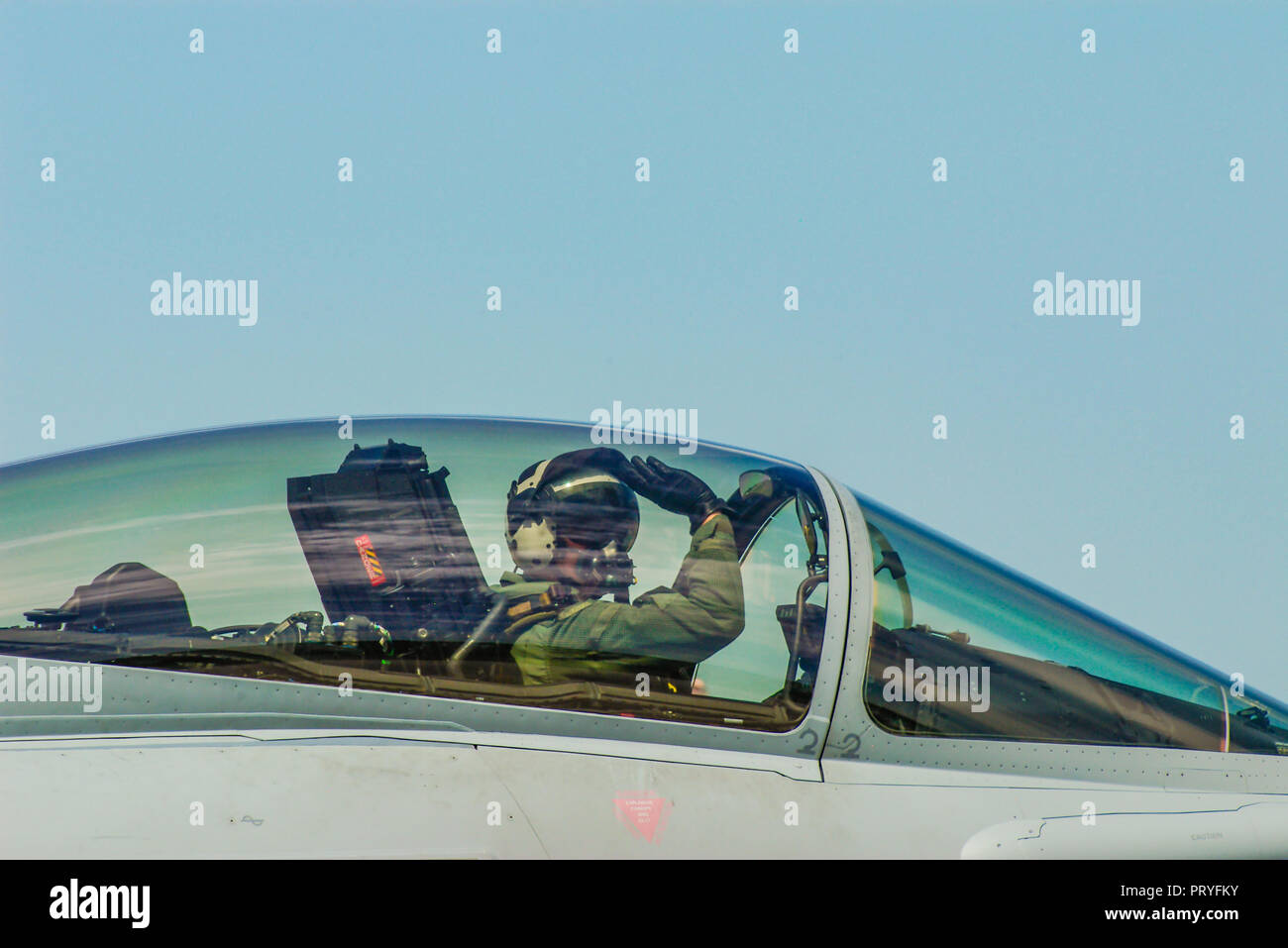 RAF, Royal Air Force Eurofighter Typhoon jet fighter plane pilot waves ...