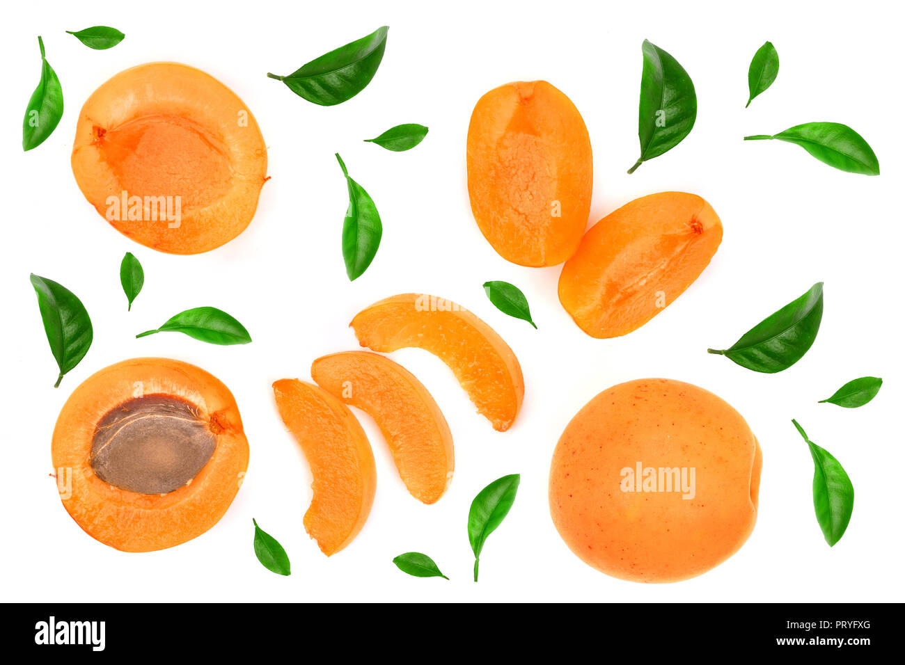 Apricot fruits with leaves isolated on white background. Top view. Flat ...