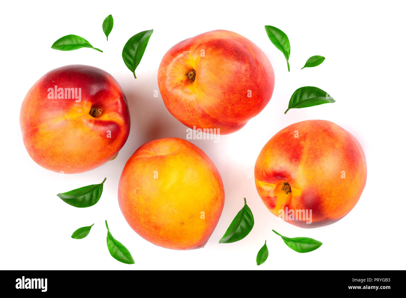 ripe nectarine with leaves isolated on white background. Top view. Flat ...