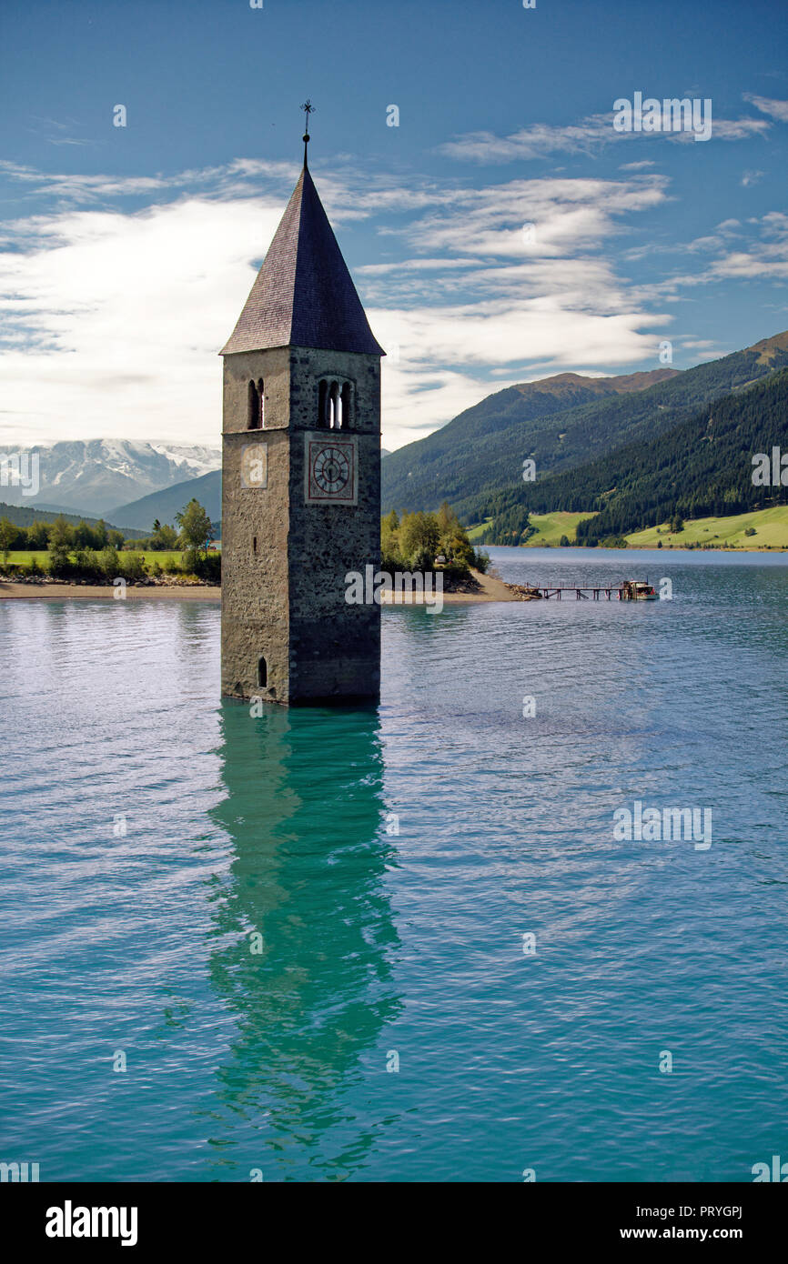 Church tower of Alt-Graun in the Lake Reschensee, Reservoir, Graun in ...