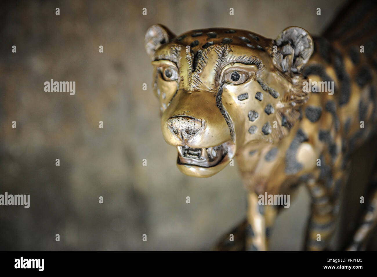 A bronze statue of a spotted leopard is on display at Kapama River ...