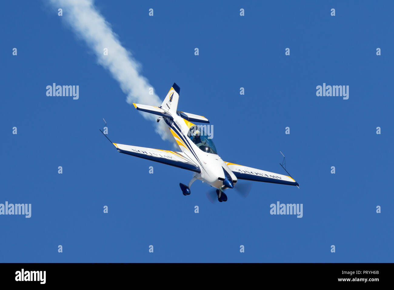 British aerobatic pilot Mark Jefferies flying a single engine Extra ...