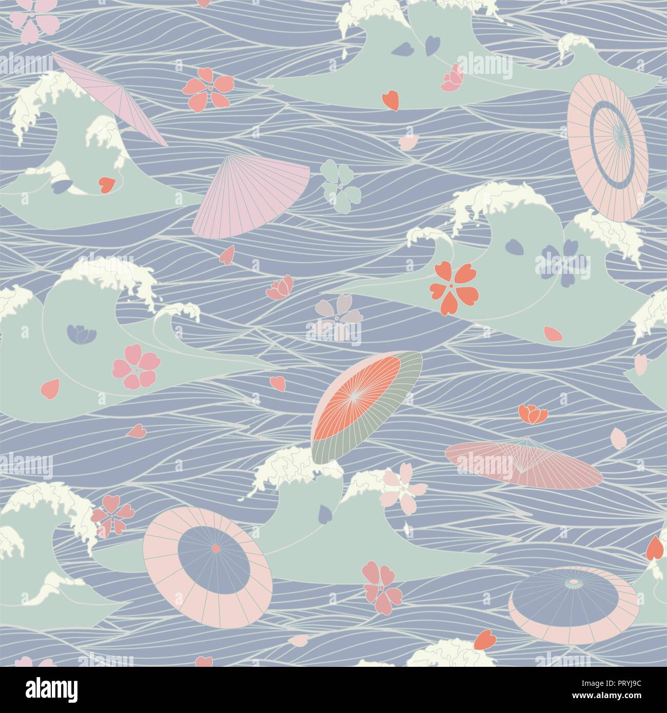 Seamless Pattern with Hand Drawn Stylized Sea Waves, Japanese umbrellas ...