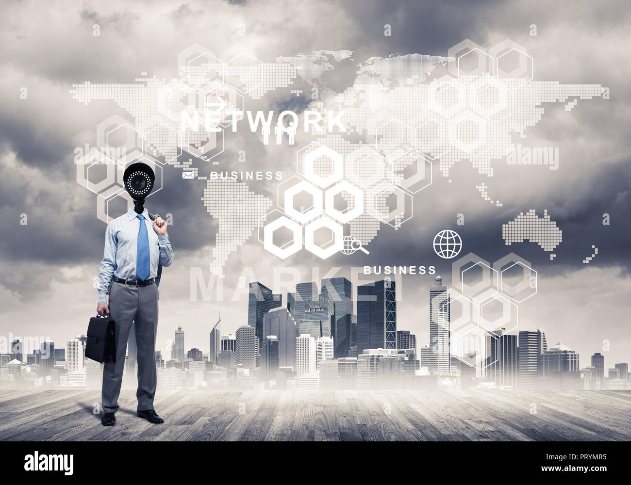 Camera headed man standing on wooden floor against modern citysc Stock ...