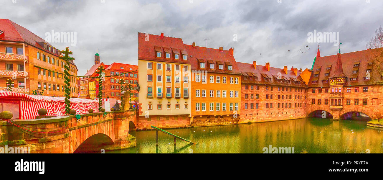 Nuremberg, Germany panoramic view with old buildings and arch bridge ...