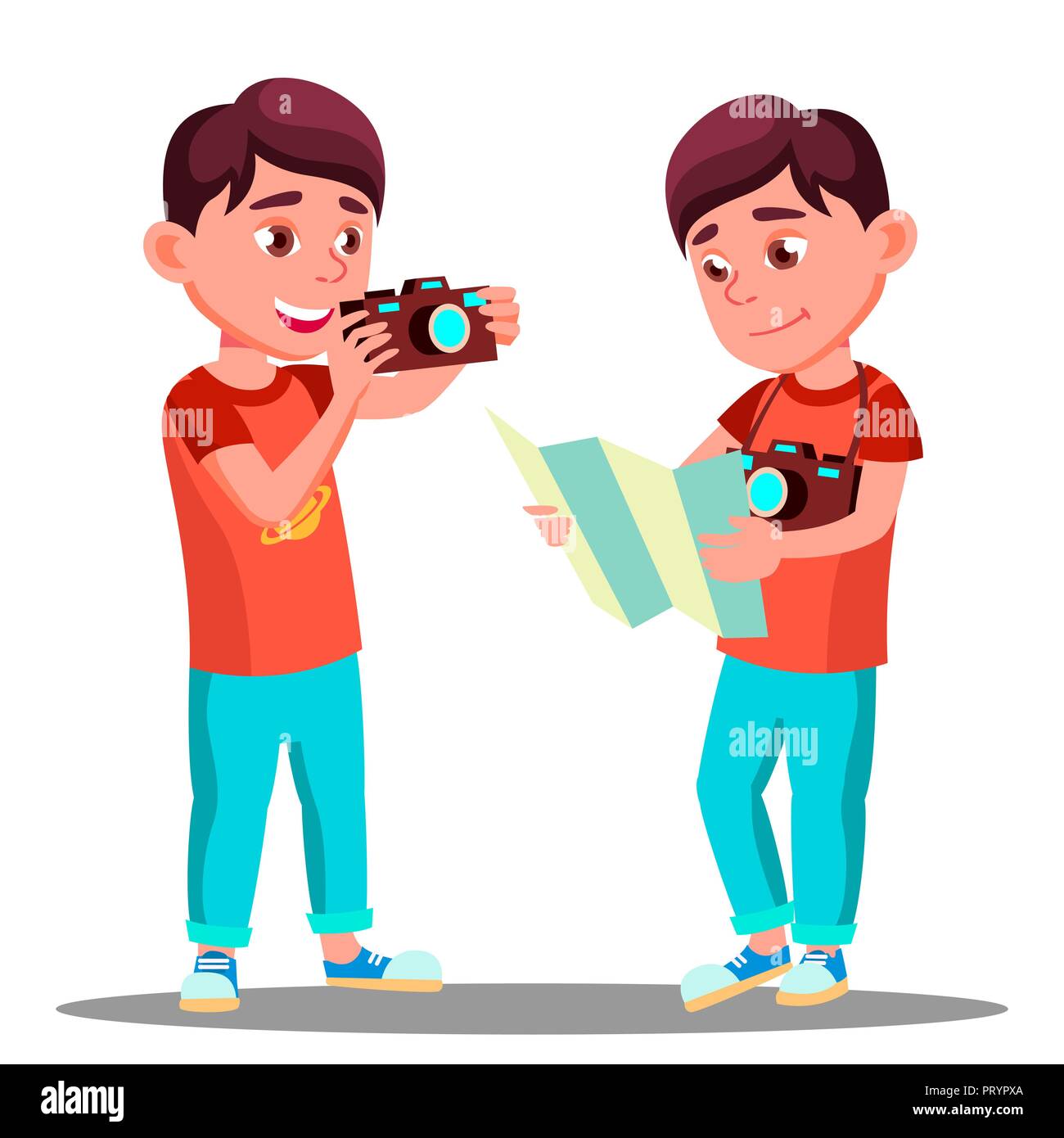Cute Little Boy Take A Photo With Camera In His Hands Vector. Isolated ...