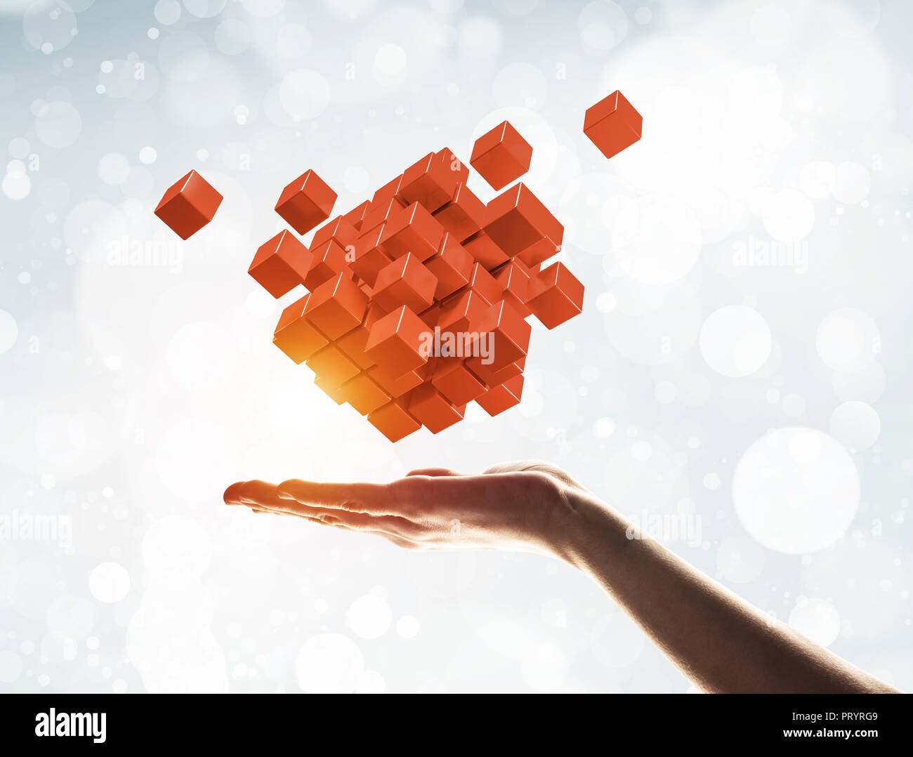 Cube color figure in male palm as symbol for integration. 3D ren Stock ...